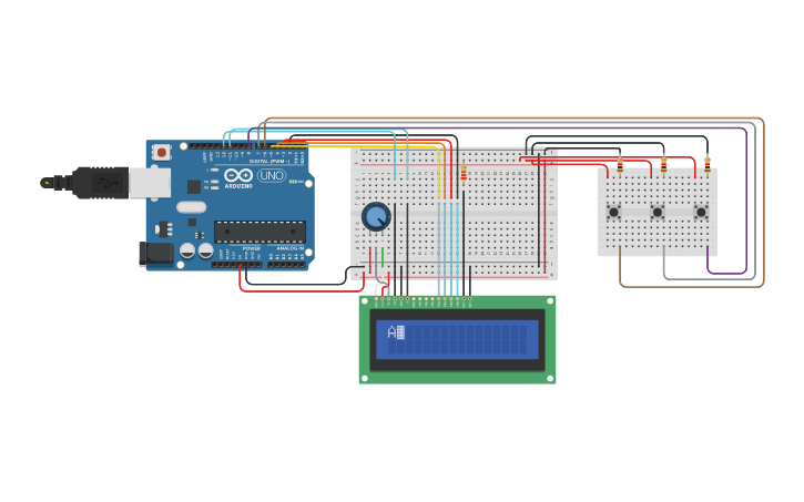 Circuit design Data input with Pushbutton to LCD - Tinkercad
