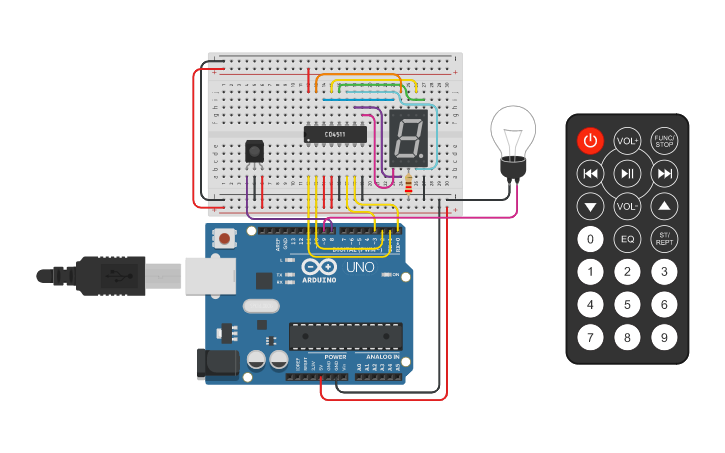 Circuit design CD4511 7 Segment + IR Control - Tinkercad