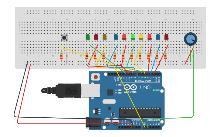 Circuit design Cambio de secuencia con pulsador - Tinkercad