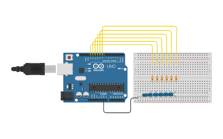 Circuit design Six LED Knight Rider Using An Array - Tinkercad