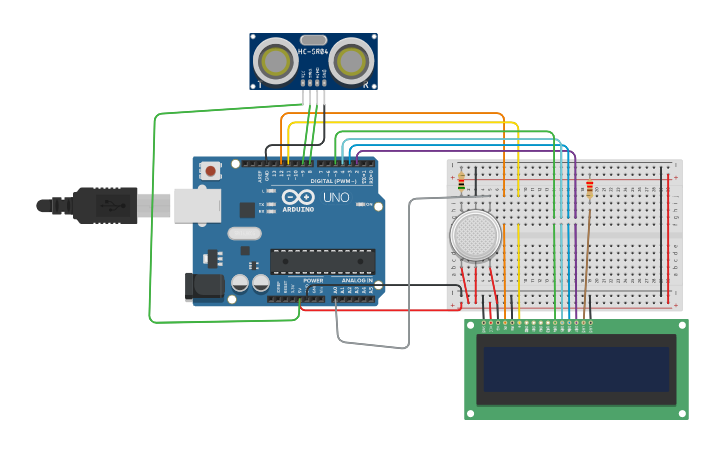 Circuit design ultrasonic,buzzer and lcd task - Tinkercad