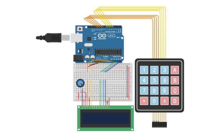 Circuit design Projeto Cardápio - Teclado Matricial e Display LCD 16x2 | Tinkercad
