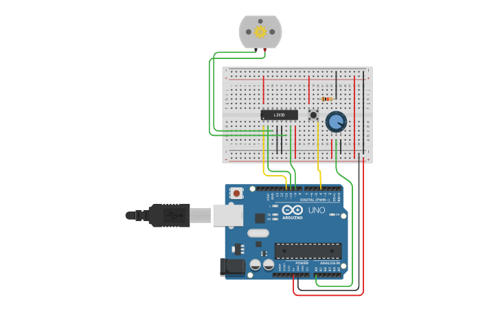 Circuit design DC motor (L293D) หมุน หยุด - Tinkercad