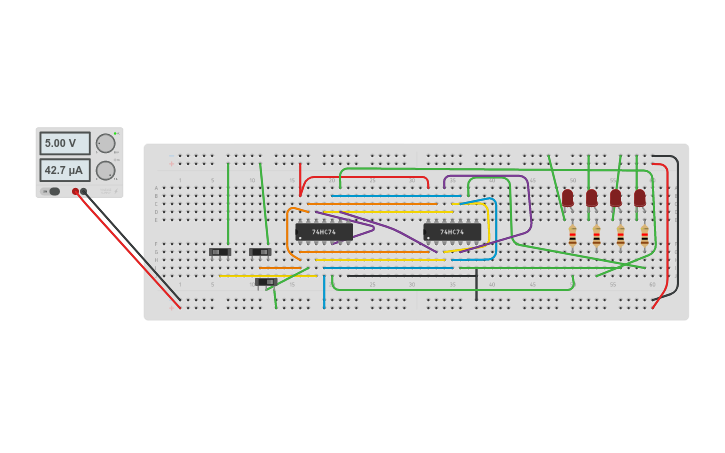 Circuit design 4-bit Serial in Parallel out Shift Register - Tinkercad