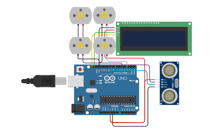 Circuit design UNO-ULTRASONIC-LCD-MOTOR - Tinkercad