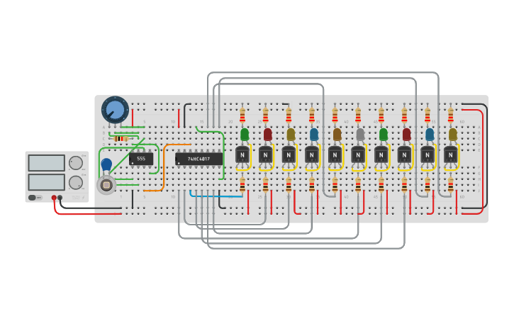 Circuit design 555 74hc4017 - Tinkercad