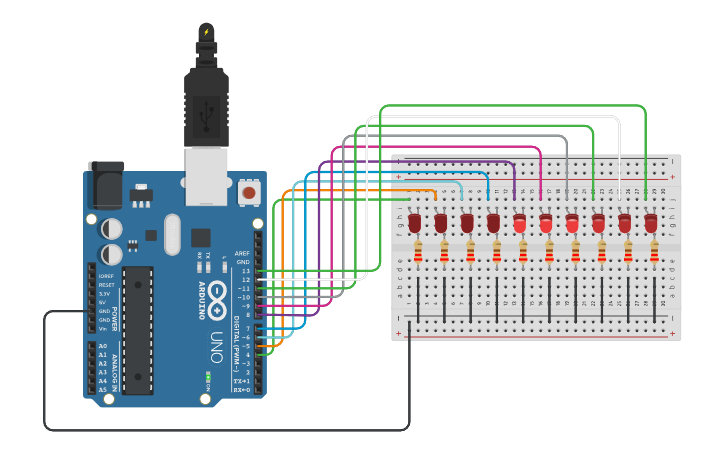 Circuit design Atividade 4 – Arduino Knight Rider - KITT | Tinkercad