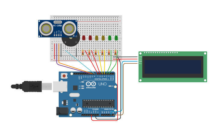 Circuit design Arduino - Sensor Distância com LCD Display + Alarme Piezo + LEDs - Tinkercad