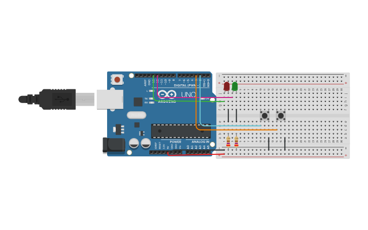 Circuit design 2.10.3.Two LEDs controlled by two buttons - Tinkercad