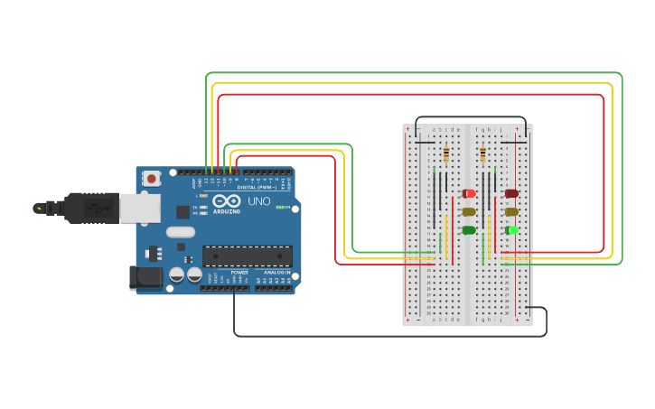 Circuit design Semáforo duplo - Tinkercad