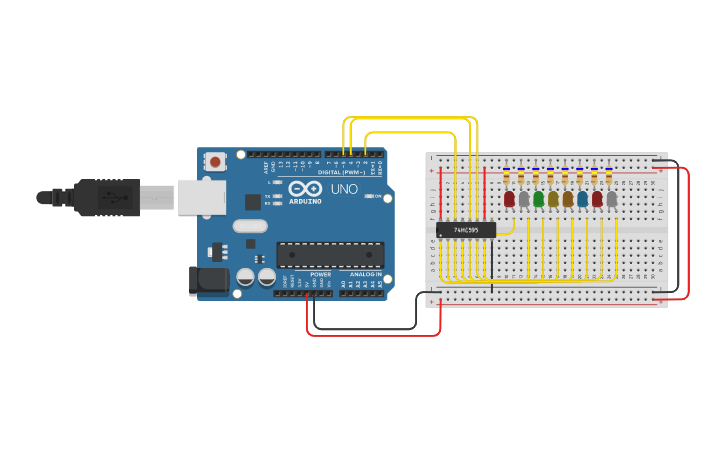 Circuit design 8 BIT COUNTER WITH 74HC595 - Tinkercad