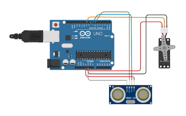 Circuit design Sensor Ultrasonik dan Servo Andrea X RPL | Tinkercad