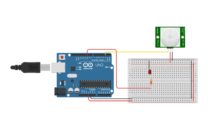 Circuit design Practica 8 arduino - Sensor de movimiento | Tinkercad