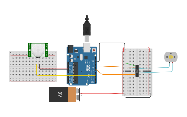 Circuit design Motion sensor + DC motor - Tinkercad