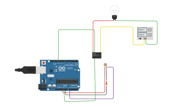 Circuit design controlling light bulb brightness with LDR - Tinkercad