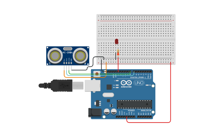 Circuit design Led y sensor ultrasónico | Tinkercad