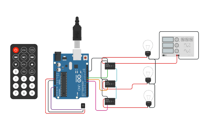 Circuit design komponen lampu AC Menggunakan IR Remote - Tinkercad