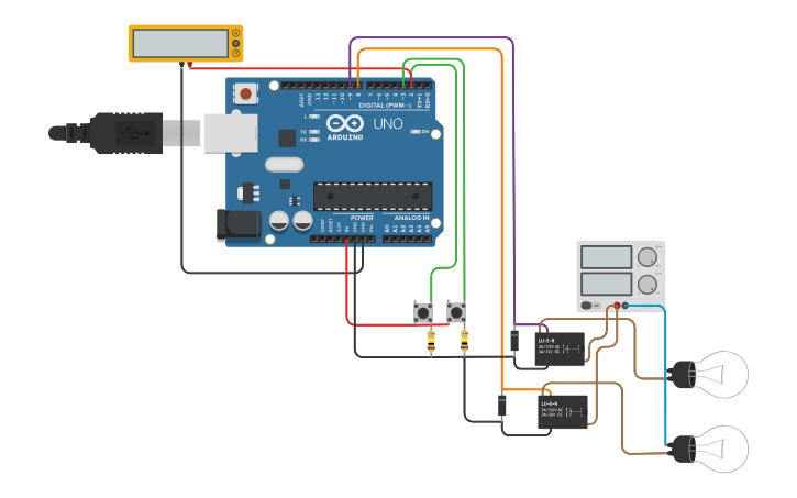 Circuit design Push button on/off debounce with 2 relays - Tinkercad