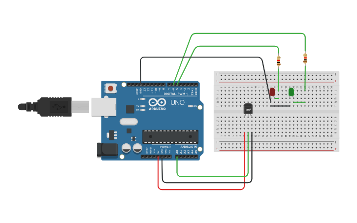 Circuit design Temperature Sensor with LED - Tinkercad