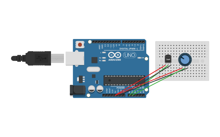 Circuit design find the temperature and change it - Tinkercad