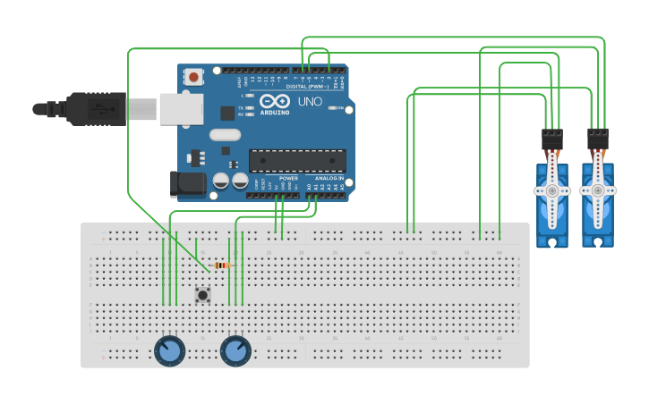 Circuit design Joystick (2 Potentiometers) and 2 Servos | Tinkercad Circuit design Joystick (2 Potentiometers) and 2 Servos | Tinkercad