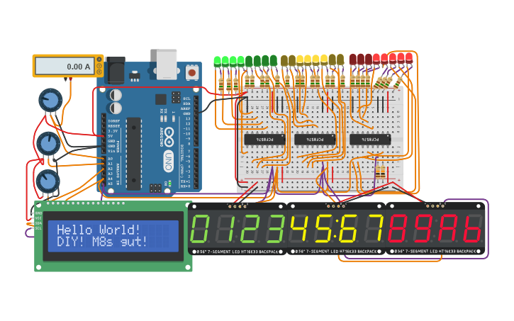 Circuit design I2CLCD + ADWx3 +3xPCF8574 + 3xSEG7x4-HT16K33 - Tinkercad