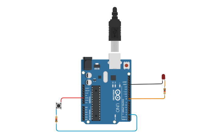 Circuit design 12-6-Push button + Resistor + LED - Tinkercad
