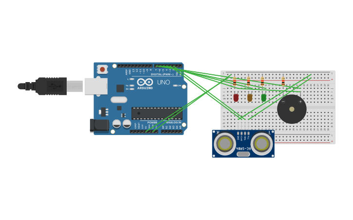 Circuit design Ultrasonic security system - Tinkercad