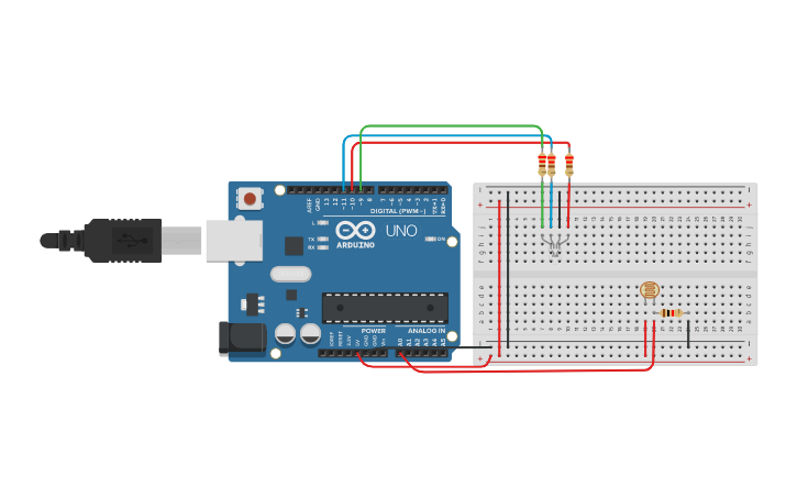 Circuit design LED RGB WITH PHOTORESISTOR - Tinkercad