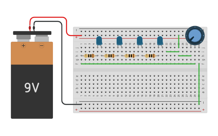 Circuit design Práctica 2 Potenciometro con Led 4 en serie | Tinkercad