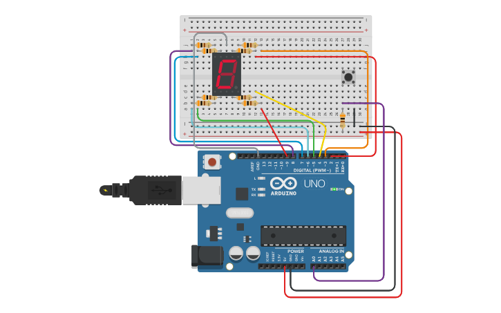 Circuit design Avaliação Aula 16 Display de 7 Segmentos parte 2 - Tinkercad