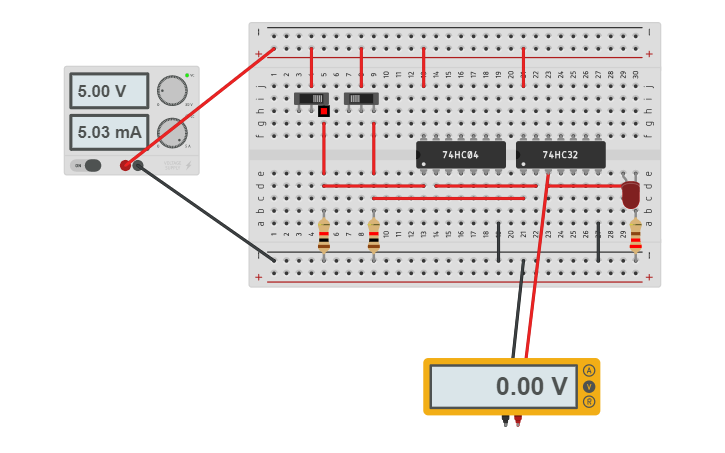 Circuit design Punto 5. Comp NOT y OR - Tinkercad
