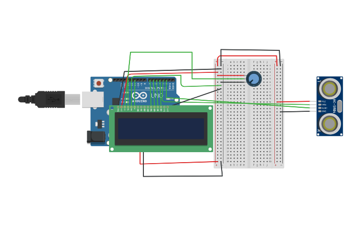 Circuit design Ultrasonic Sensor with LCD | Tinkercad