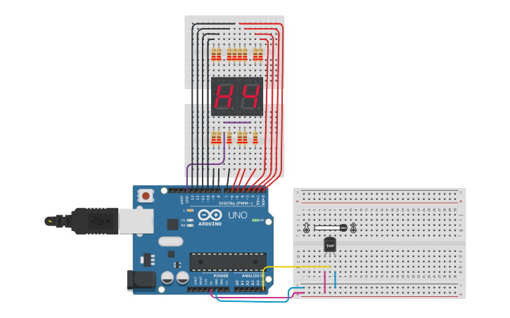 Circuit design seven segment thermometer using Arduino - Tinkercad Circuit design seven segment thermometer using Arduino - Tinkercad