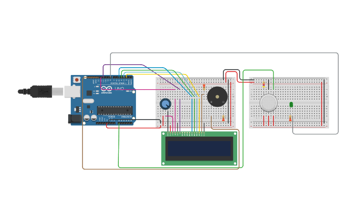 Circuit design Sensor de Humo con pantalla LCD,LED y Sonido - Tinkercad