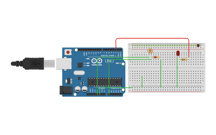 Circuit design LDR LED on low light intensity - Tinkercad