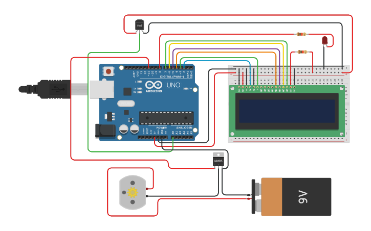 Circuit design Temperature Based fan speed control - Tinkercad