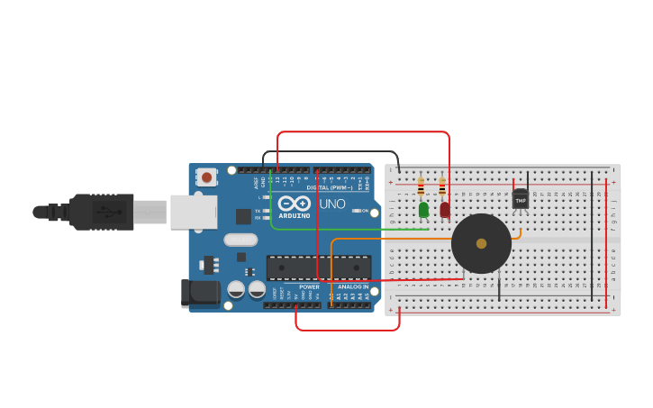 Circuit Design Controle De Temperatura Sensor De Temperatura Leds Sirene Tinkercad