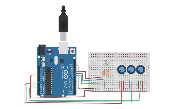 Circuit design LED RGB con potenciómetro Bloque - Tinkercad