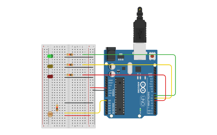 Circuit design Controlando sensor LDR - Tinkercad