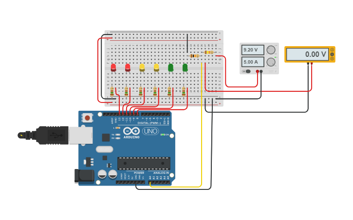 Circuit design DESAFIO 5, NÍVEL DE TENSÃO NA BATERIA. - Tinkercad