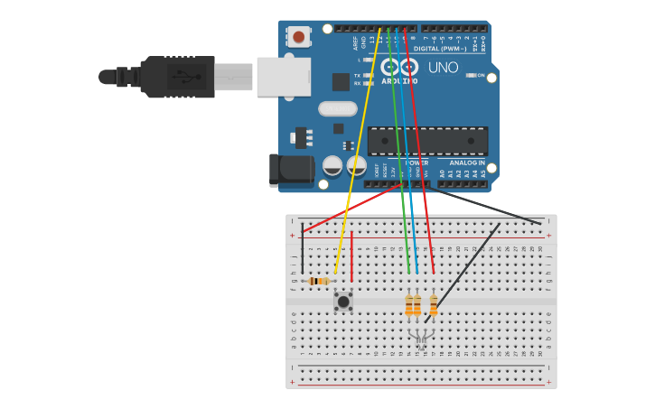 Circuit design Pulsador y Cambios de estado - Tinkercad