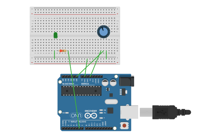 Circuit design Task.10: blinking LED with variable delay - Tinkercad