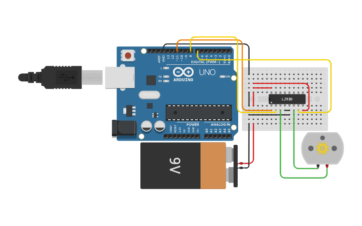 Circuit design movimiento motor l293d | Tinkercad