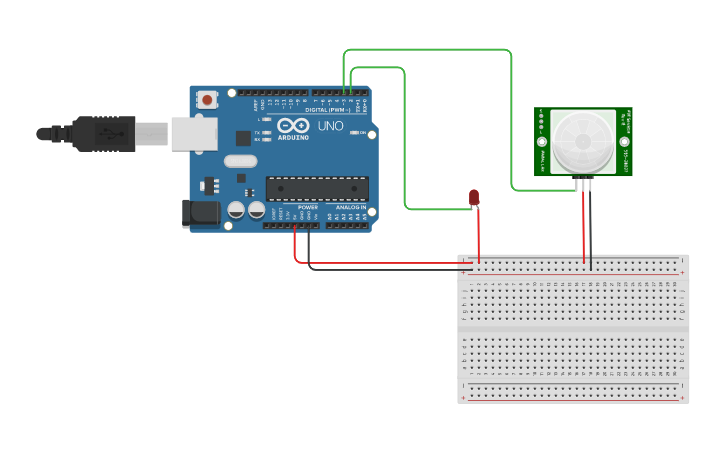 Circuit design sensor pir + led | Tinkercad