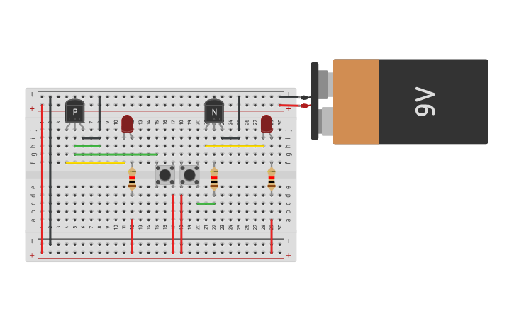 Circuit design NPN and PNP Transistors with Push Buttons - Tinkercad