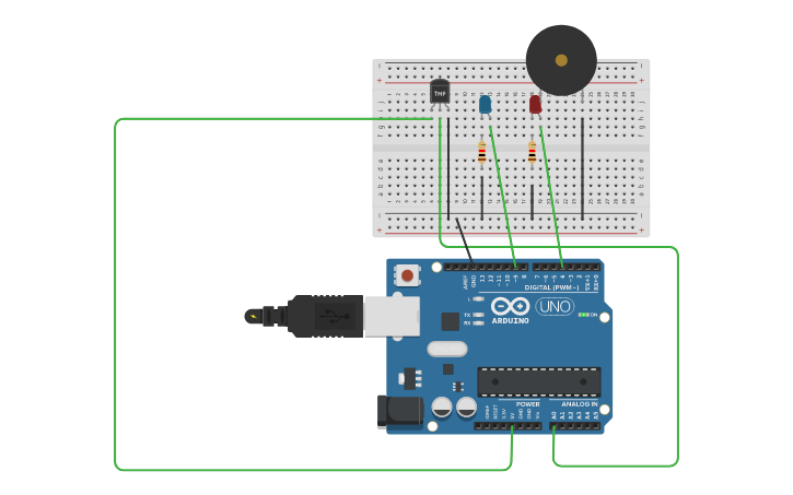 Circuit design Temperature with buzzer | Tinkercad