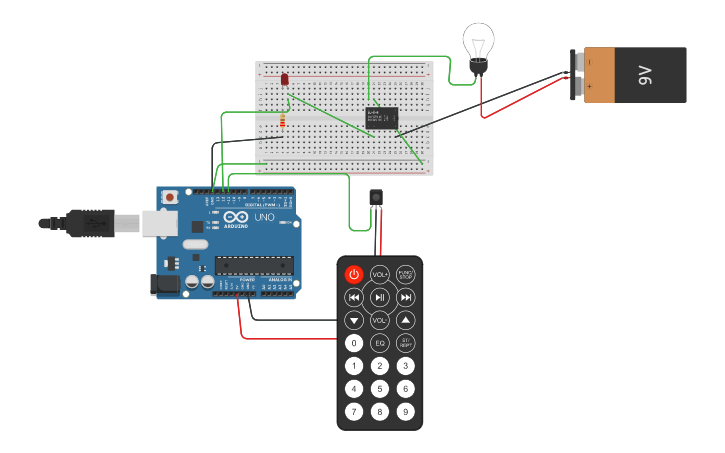 Circuit design Enciende un LED con infrarrojo con Relay | Tinkercad