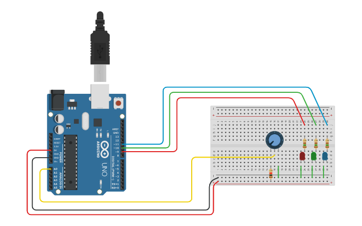 Circuit design Como controlar o brilho dos leds | Tinkercad