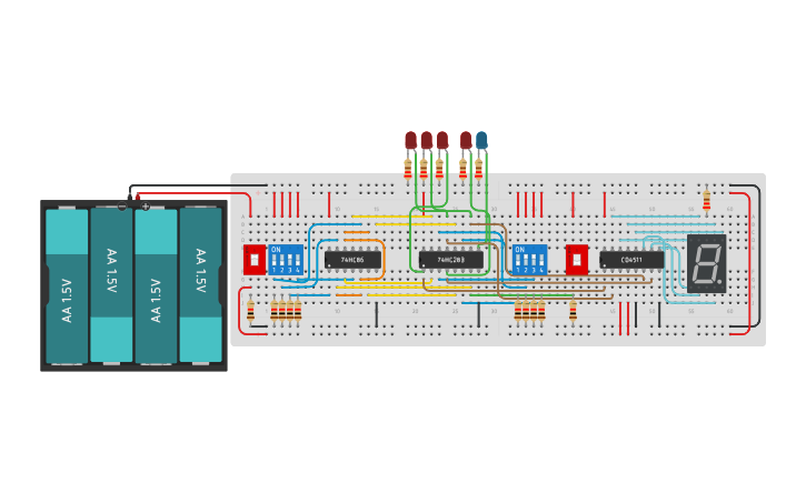 Circuit design 4-BIT BINARY ADDER/SUBTRACTER BCD TO LED - Tinkercad